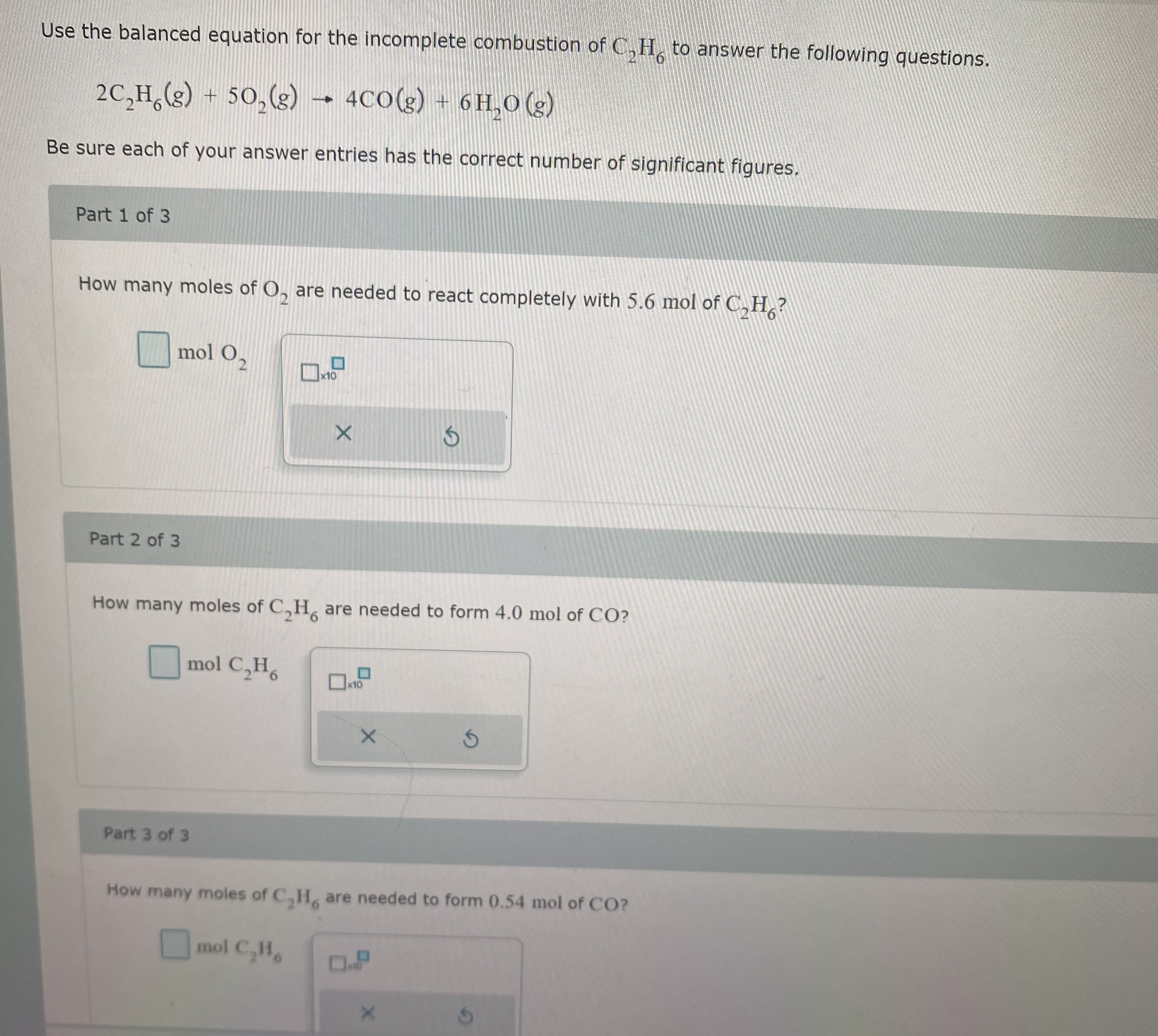 Solved 2C2H6(g)+5O2(g)→4CO(g)+6H2O(g) Be sure each of your | Chegg.com