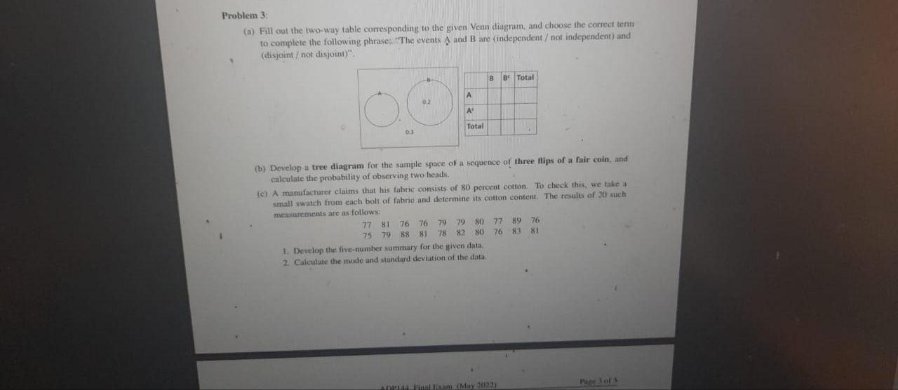 Solved Problem 3 (a) Fill out the two-way table | Chegg.com