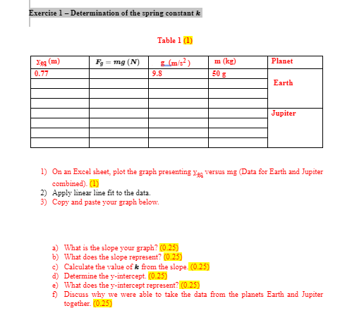 Exercise 1 - Determination of the spring constant k | Chegg.com