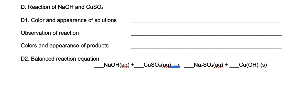 Solved D. Reaction of Sodium Hydroxide and Copper Sulfate | Chegg.com