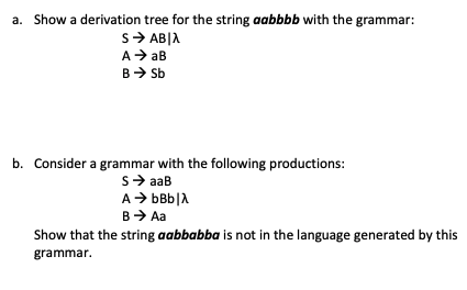 Solved a. Show a derivation tree for the string aabbbb with | Chegg.com