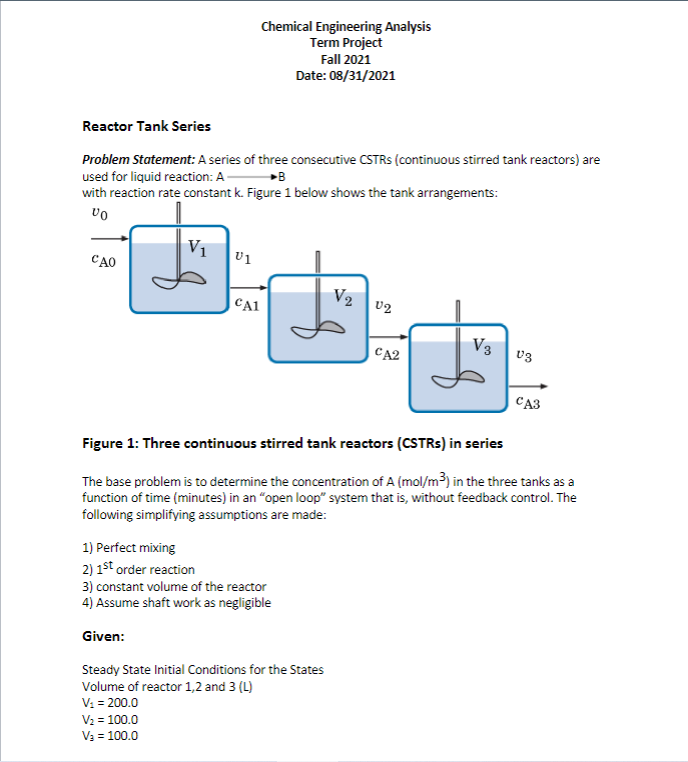 Solved Chemical Engineering Analysis Term Project Fall 2021 | Chegg.com