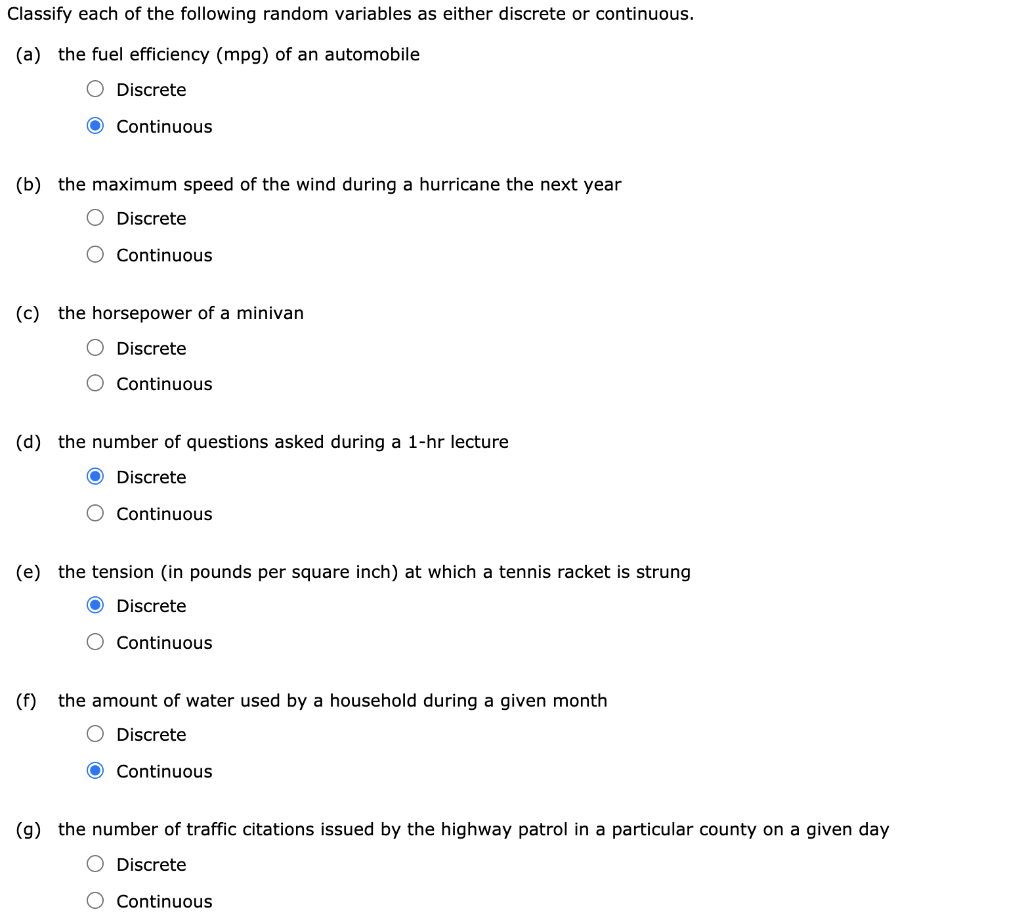 Solved Classify each of the following random variables as | Chegg.com
