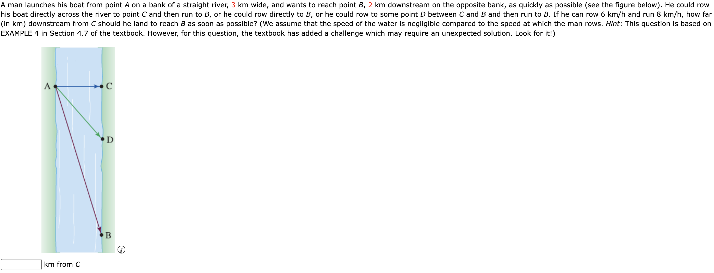 Solved A man launches his boat from point A on a bank of a | Chegg.com