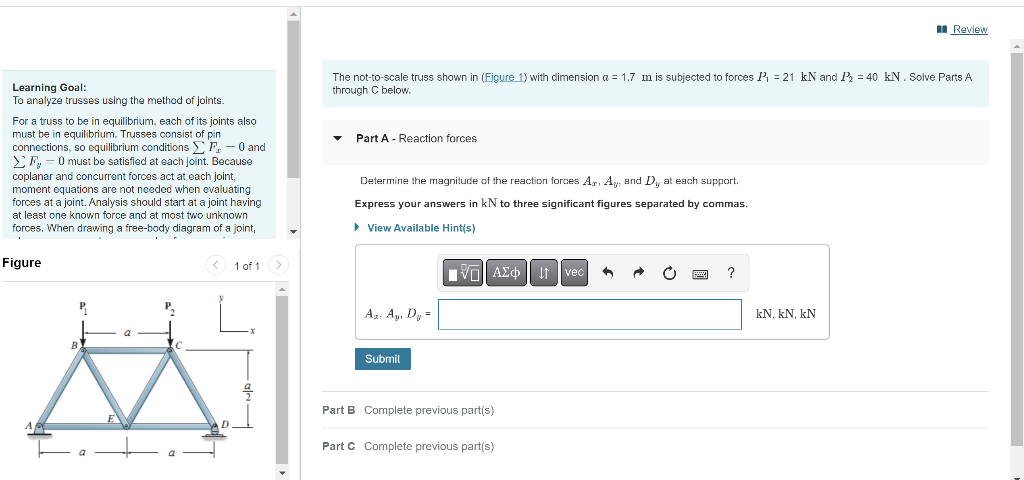 Solved Learning Goal: To analyze trusses using the method of | Chegg.com
