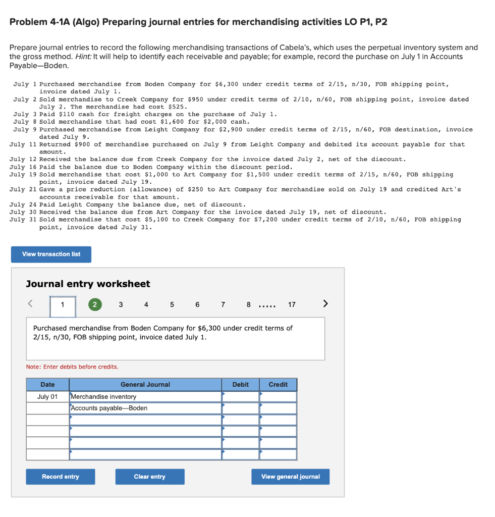 Solved Problem 4-1A (Algo) Preparing journal entries for | Chegg.com