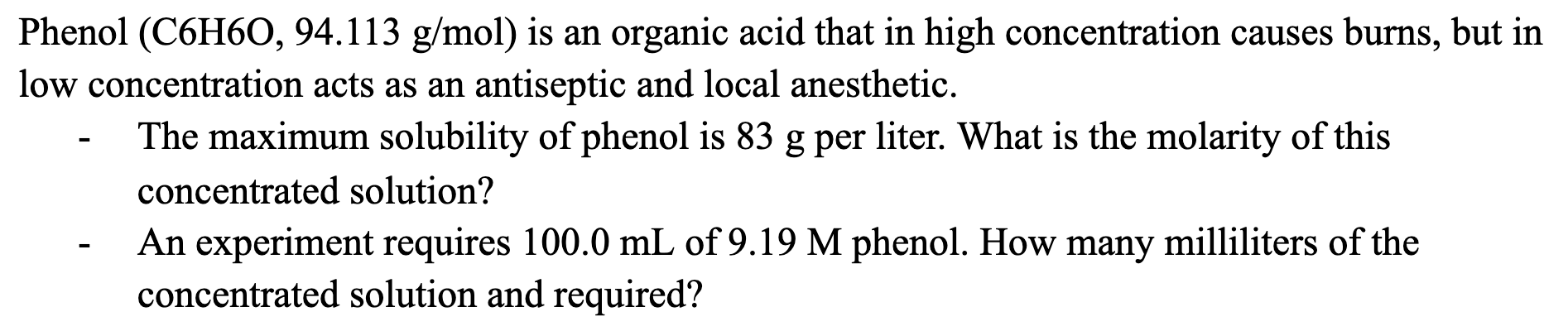 Solved Phenol (C6H60, 94.113 g/mol) is an organic acid that | Chegg.com