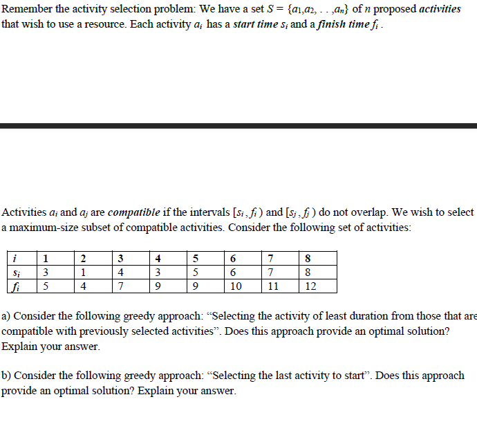 Solved Remember the activity selection problem: We have a | Chegg.com