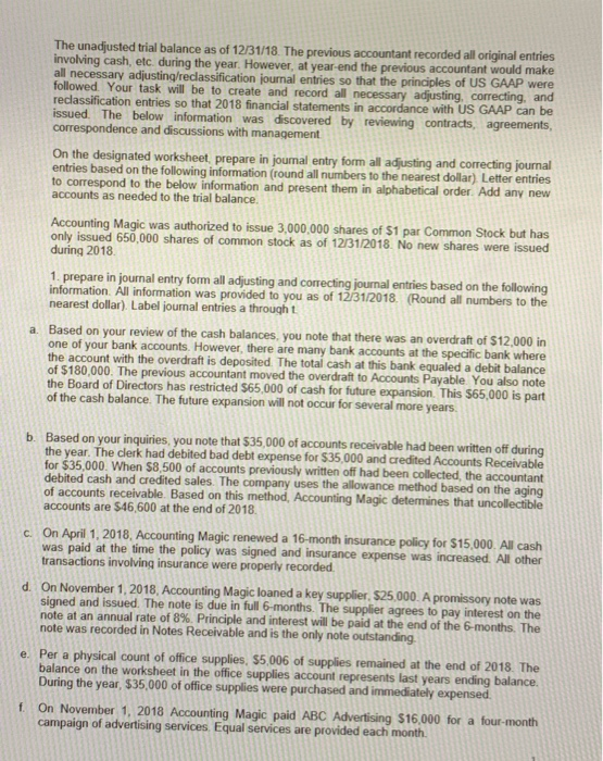 Solved Accounting Magic Inc End of Period Worksheet For the | Chegg.com