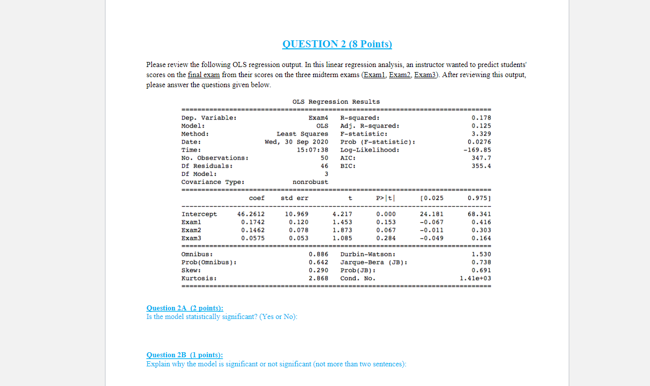 Solved QUESTION 2 (8 Points) Please review the following OLS | Chegg.com
