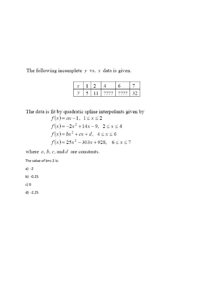 Solved The following incomplete y vs. x data is given. 7 12 | Chegg.com