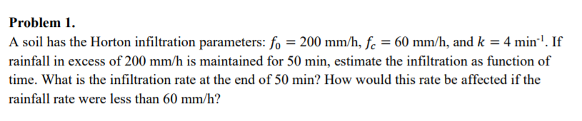 Solved Problem 1. A soil has the Horton infiltration | Chegg.com