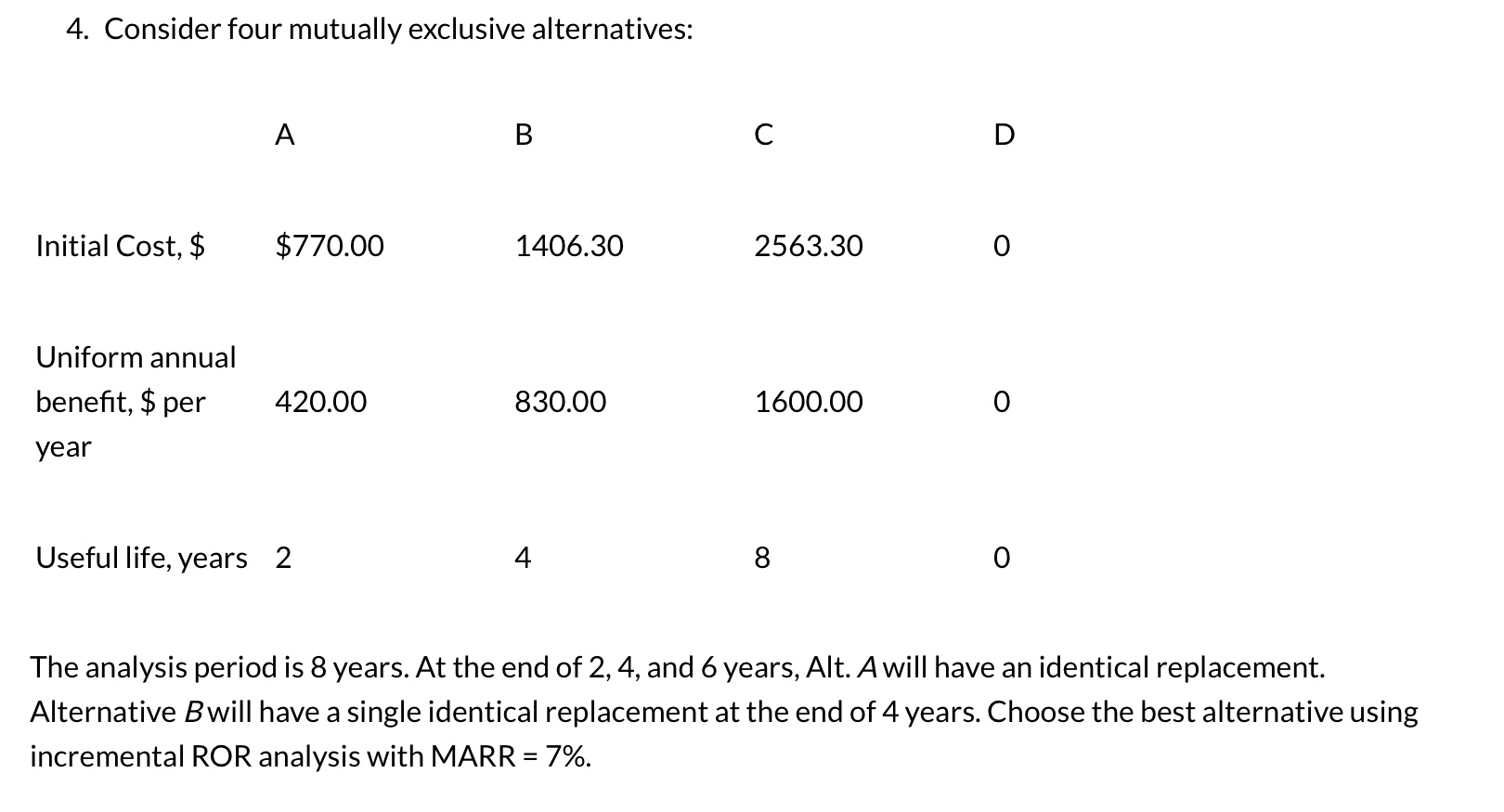 Solved 4. Consider four mutually exclusive alternatives: The | Chegg.com