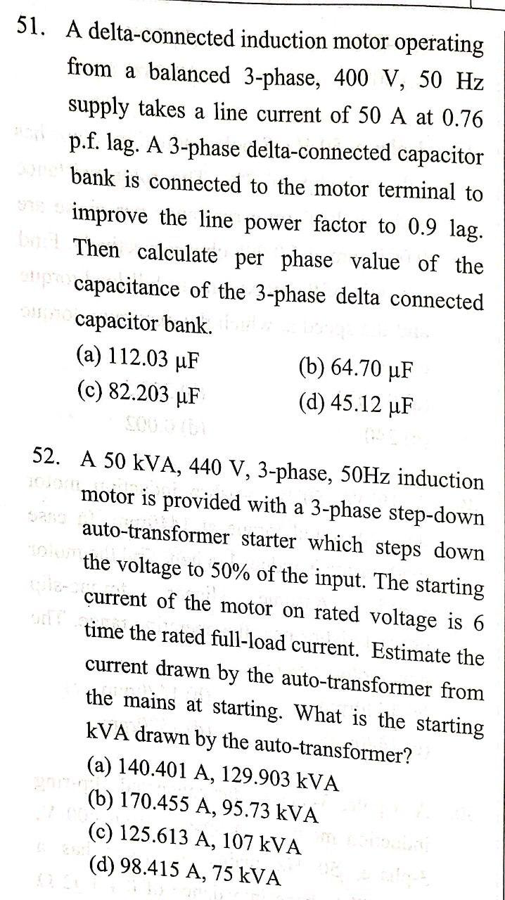 Solved 51. A delta-connected induction motor operating from | Chegg.com