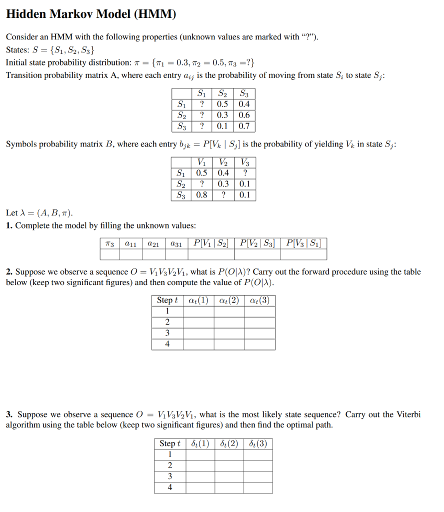 States: S={S1,S2,S3} Initial state probability | Chegg.com