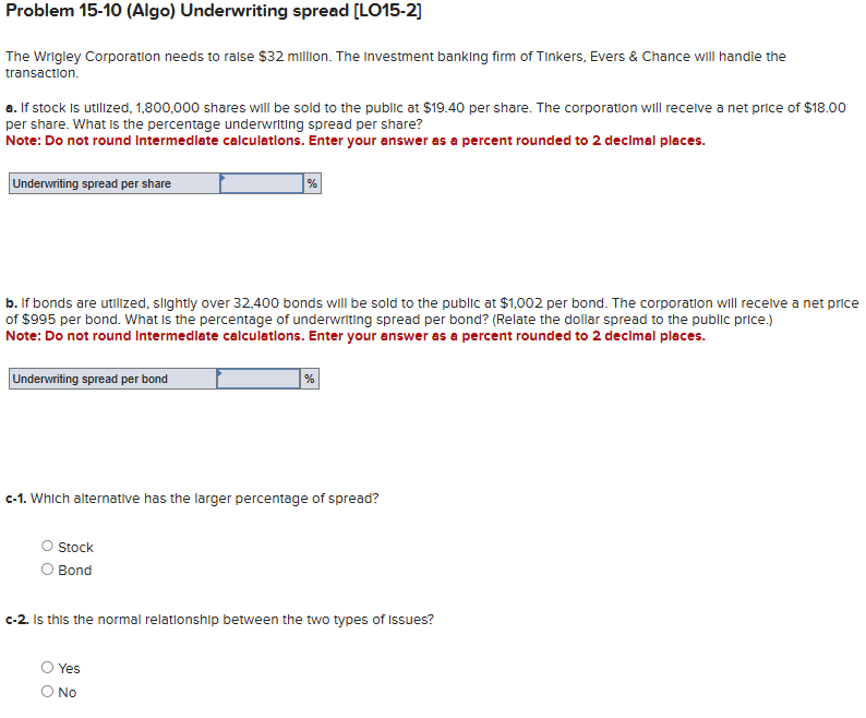 Solved by an EXPERT Problem 15-10 (Algo) ﻿Underwriting spread [LO15-2]The | Chegg.com