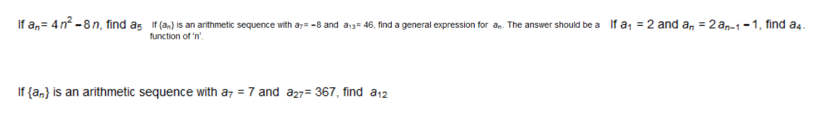 Solved If a = 4n2 -8n, find as if {a} is an arithmetic | Chegg.com