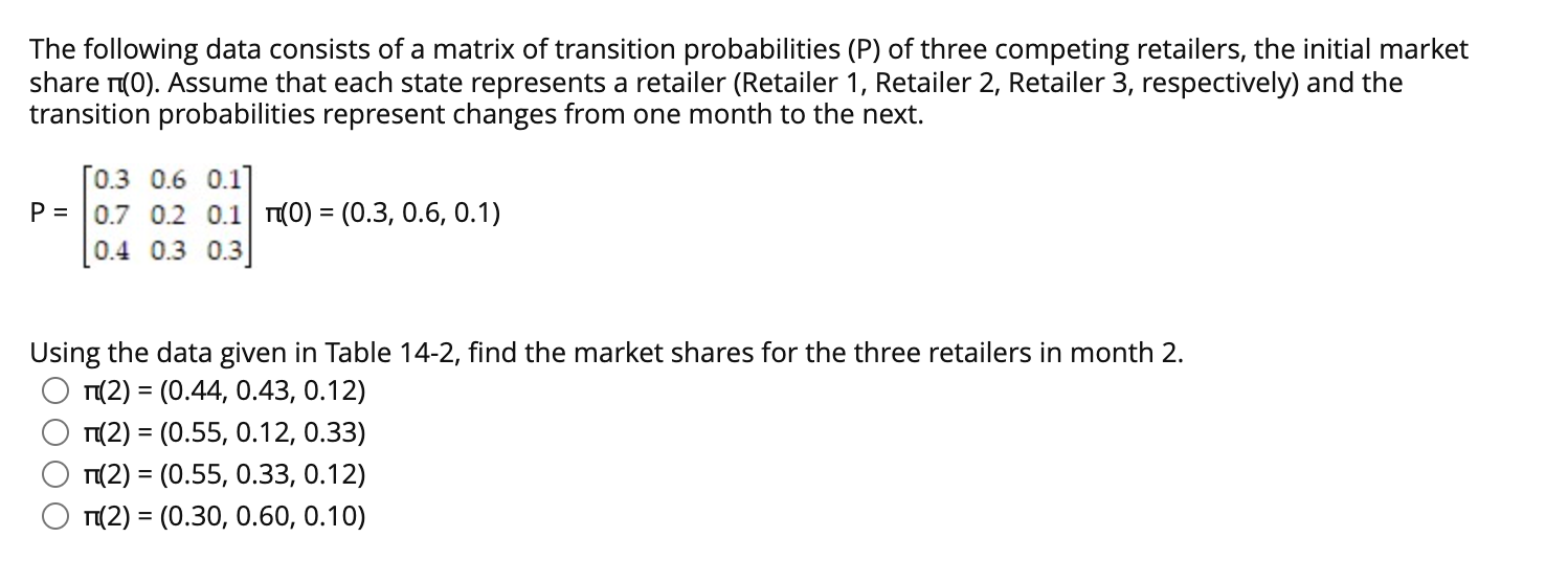 Solved The following data consists of a matrix of transition | Chegg.com
