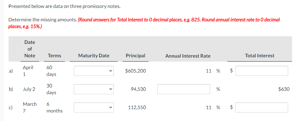 Solved Presented below are data on three promissory notes. | Chegg.com