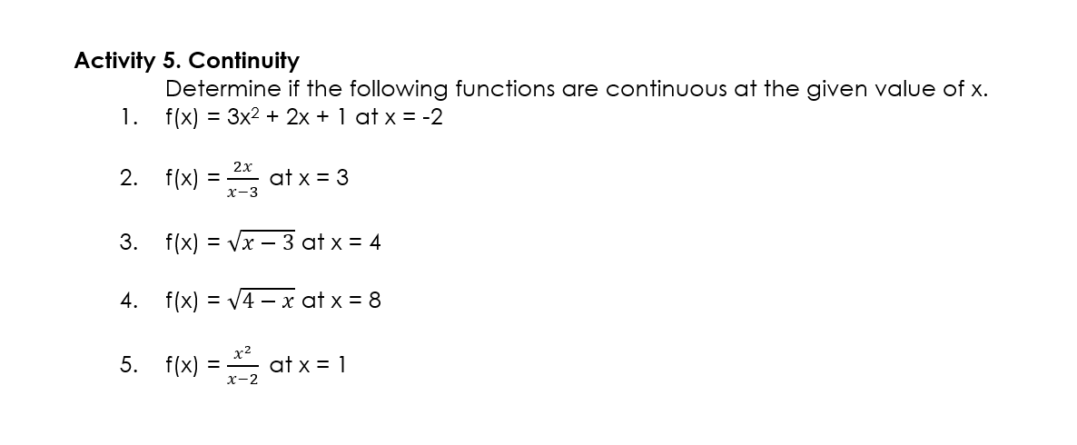 Solved Activity 5. Continuity Determine if the following | Chegg.com