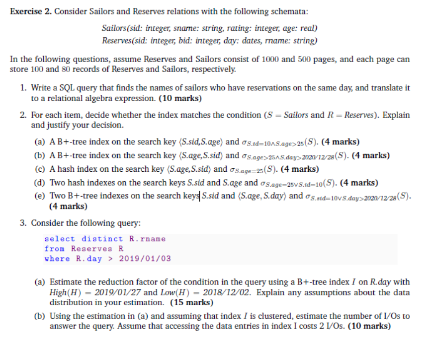 Solved Exercise 2. Consider Sailors and Reserves relations | Chegg.com