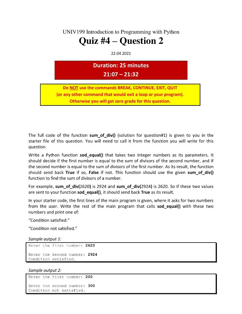 Solved UNIV199 Introduction to Programming with Python Quiz | Chegg.com