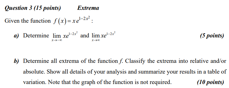 Solved Question 3 (15 points) Extrema Given the function | Chegg.com