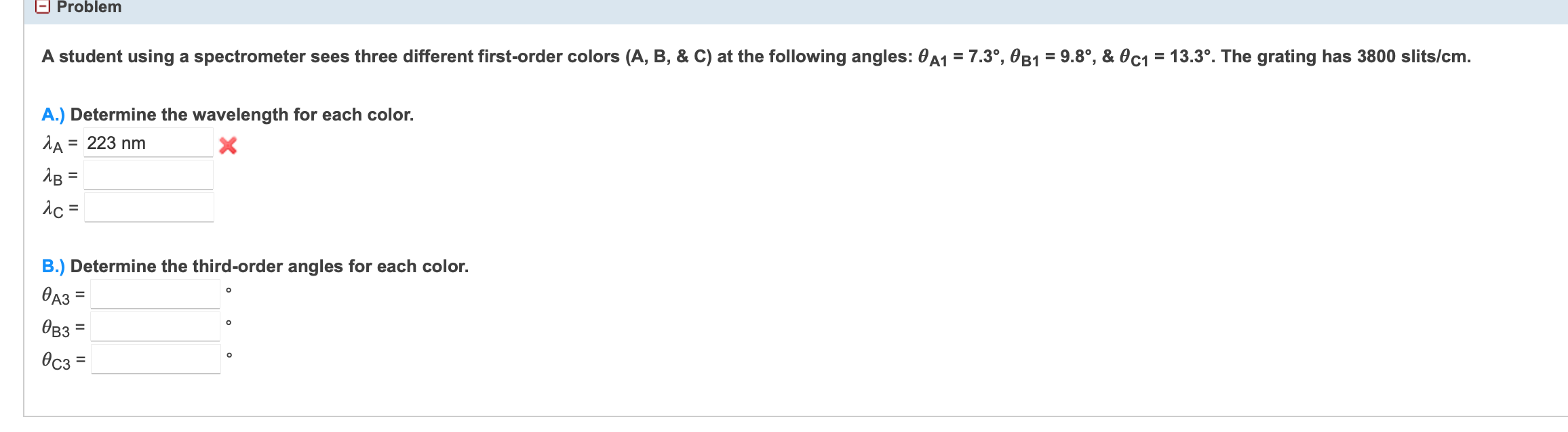 Solved A student using a spectrometer sees three different | Chegg.com