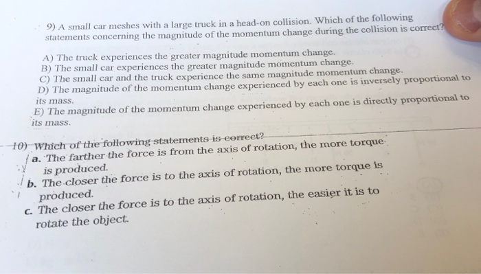 Solved 9) A small car meshes with a large truck in a head-on | Chegg.com