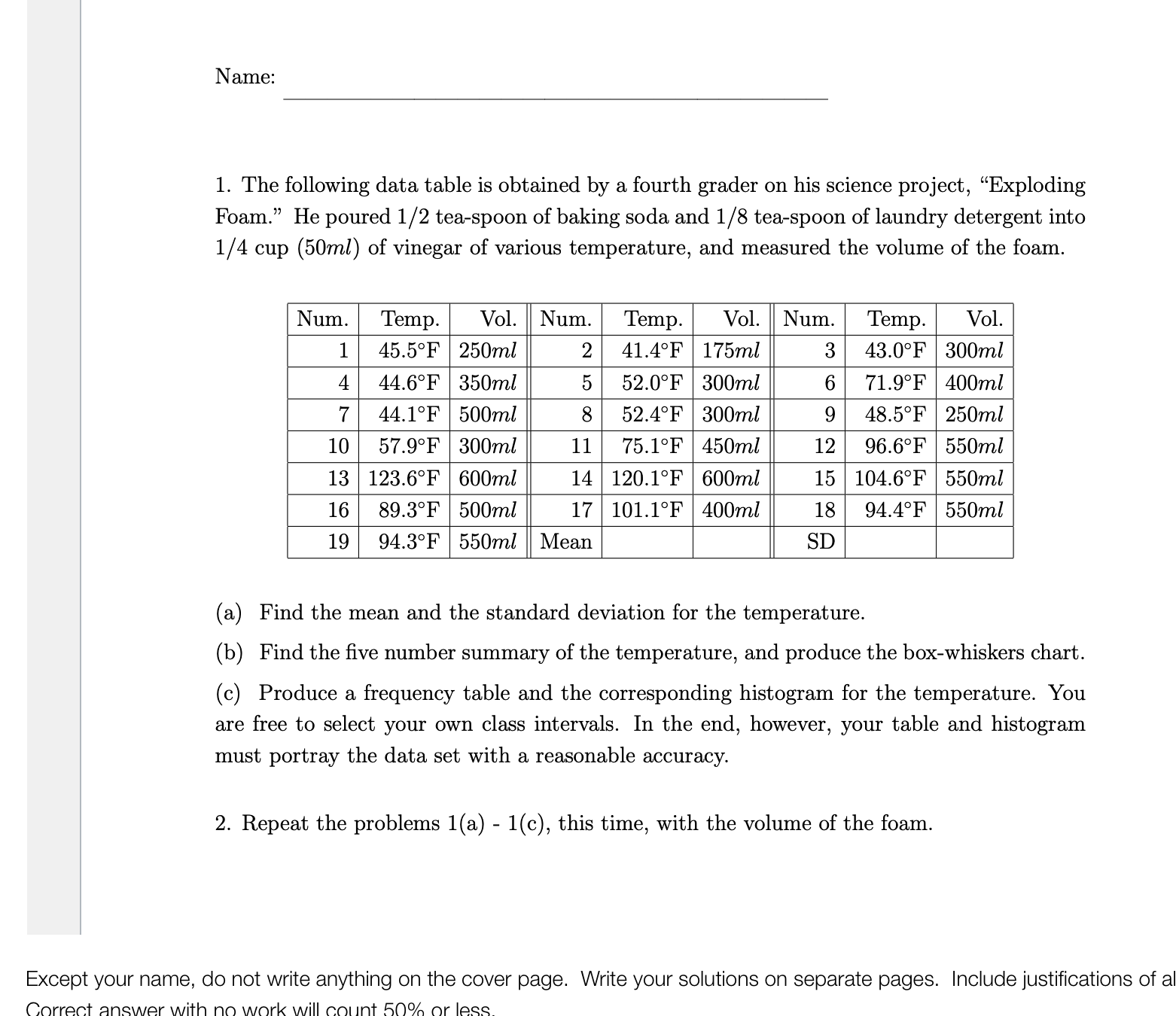 Solved 1. The following data table is obtained by a fourth | Chegg.com