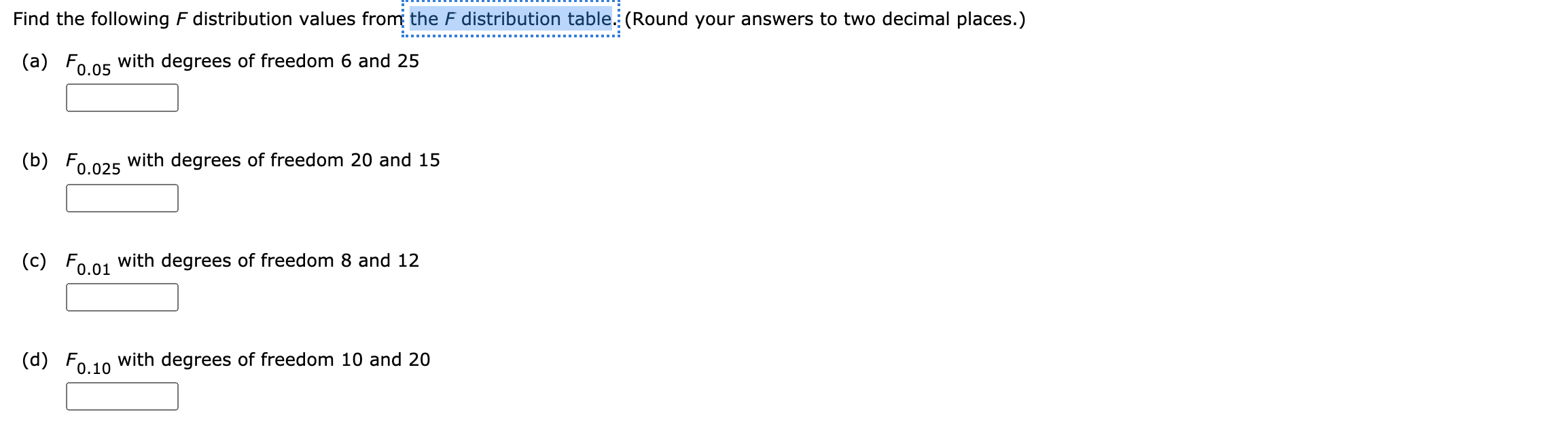 Solved Find The Following F Distribution Values From The F