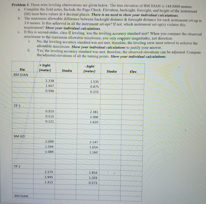 Solved Problem 3. Three-wire leveling observations are given | Chegg.com