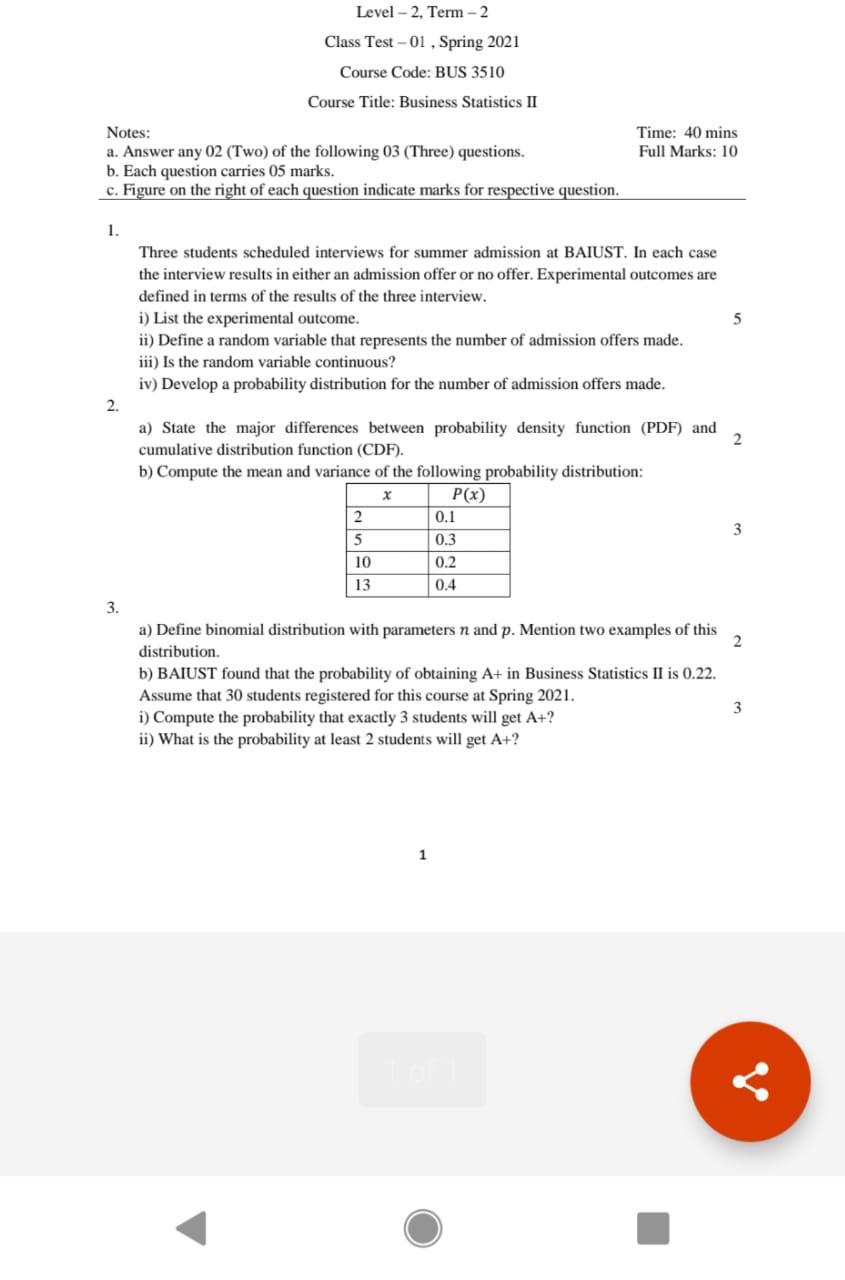 Solved Level-2. Term - 2 Class Test-01 , Spring 2021 Course | Chegg.com