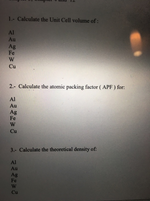 Solved 1.- Calculate the Unit Cell volume of: Al Au Ag Fe Cu | Chegg.com