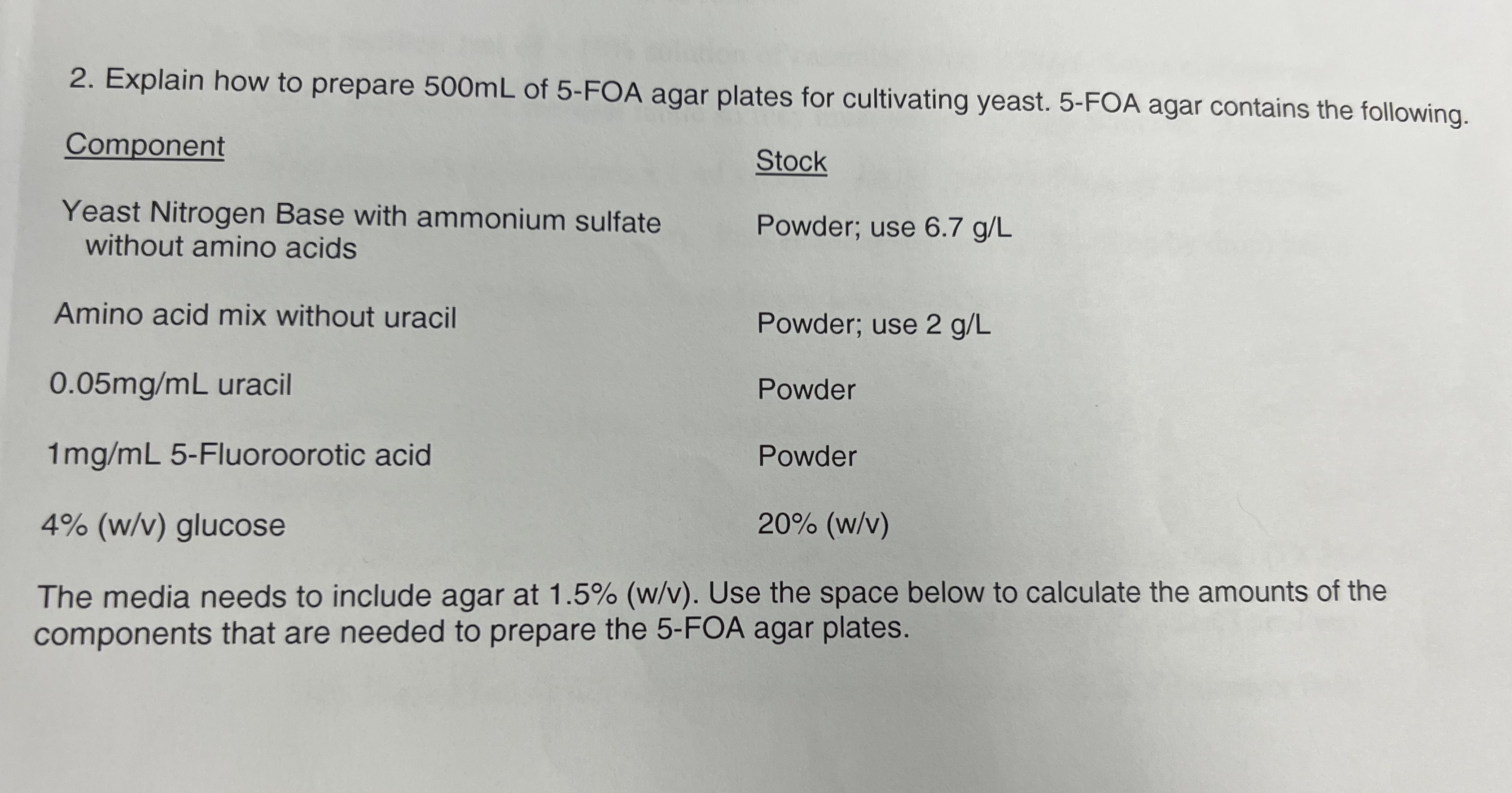 Solved Explain how to prepare 500 ﻿mL of 5-FOA agar plates | Chegg.com