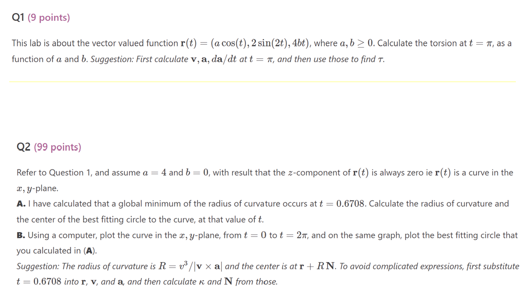 Solved This lab is about the vector valued function | Chegg.com