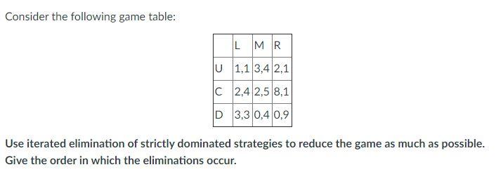 Solved Consider the following game table: L M R U 1,1 3,4 | Chegg.com