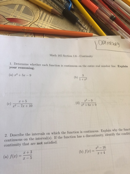 Solved Math 165 Section 1.6- Continuity 1. Determine whether | Chegg.com