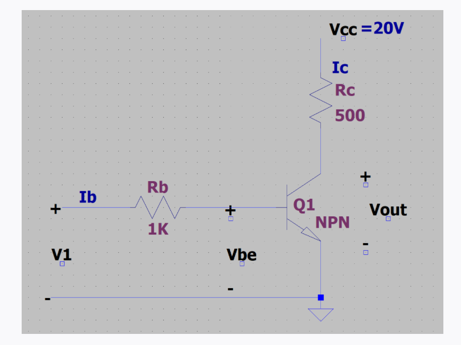 Solved Vcc =20V IC Rc 500 + Rb Ib + Q1 NPN Vout 1K V1 Vbe | Chegg.com