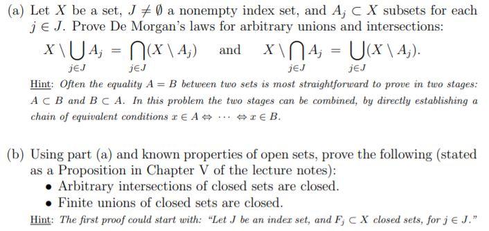 Solved (a) Let X be a set, J #0 a nonempty index set, and A; | Chegg.com