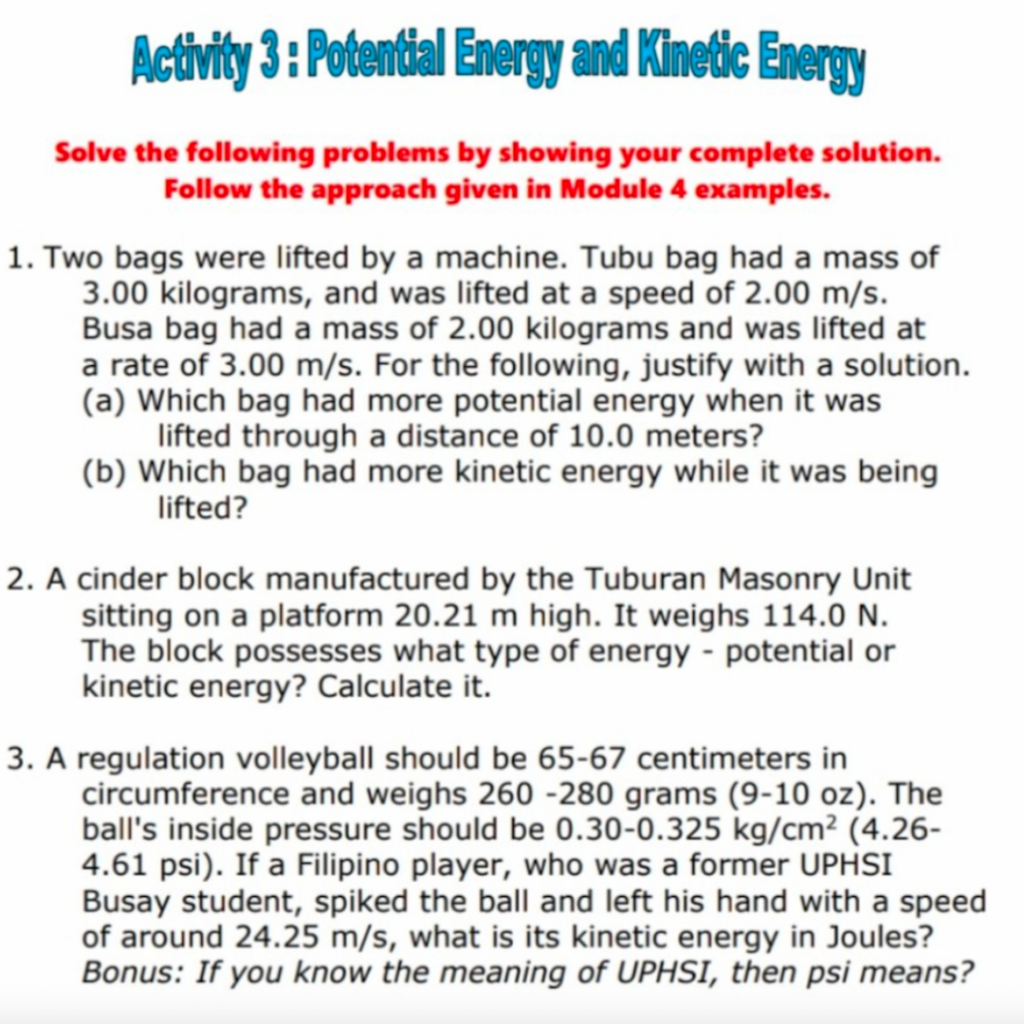 Solved Activity 3: Potential Energy and Kinetic Energy Solve | Chegg.com
