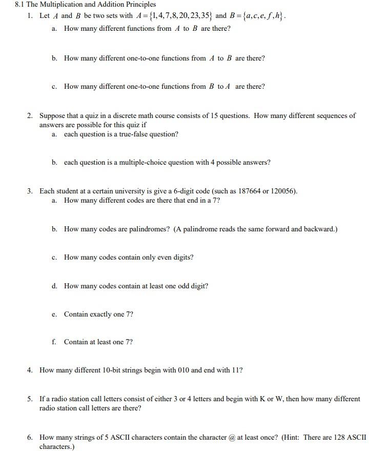 Solved 8.1 The Multiplication and Addition Principles 1. Let | Chegg.com