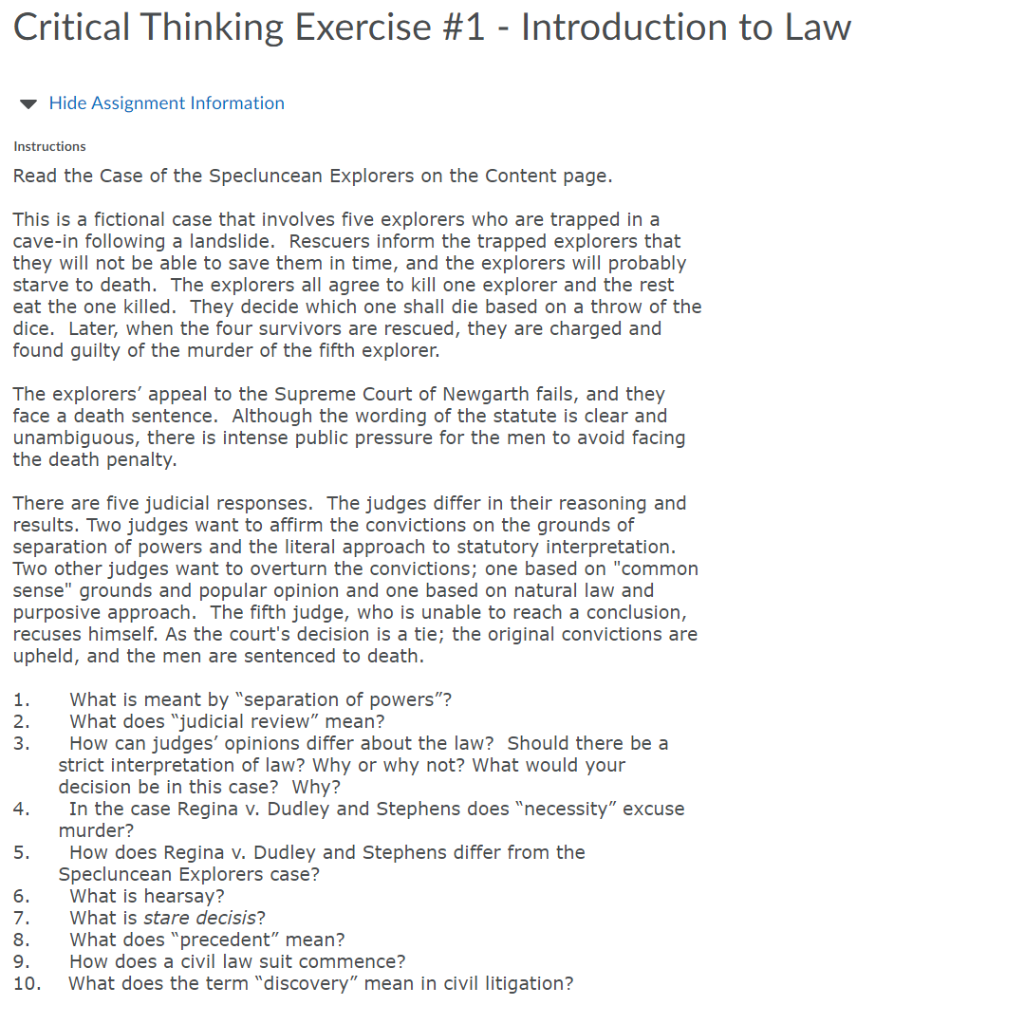 Solved Critical Thinking Exercise #1 - Introduction to Law | Chegg.com