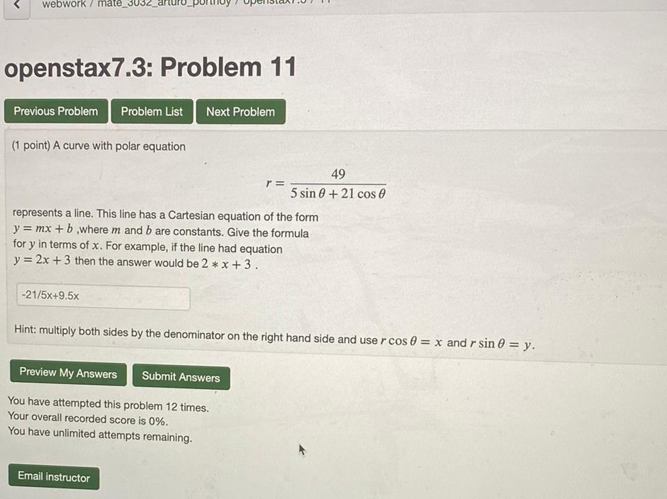 Solved webwork / mate_3052 openstax7.3: Problem 11 Previous | Chegg.com