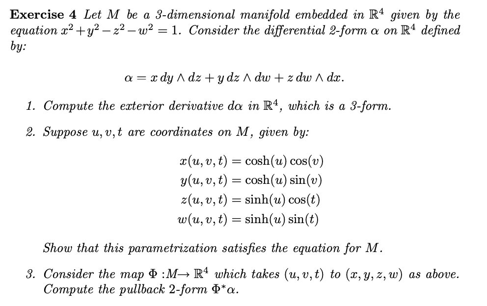 Solved Exercise 4 Let M be a 3-dimensional manifold embedded | Chegg.com