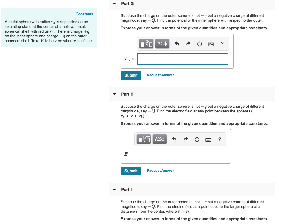 Solved Part G Constants Suppose the charge on the outer | Chegg.com