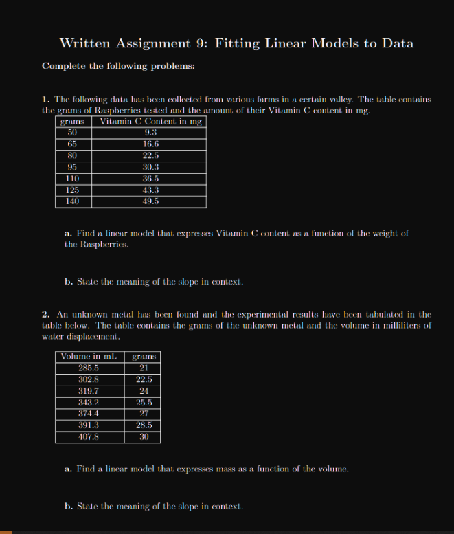 Solved Written Assignment 9 Fitting Linear Models To Data