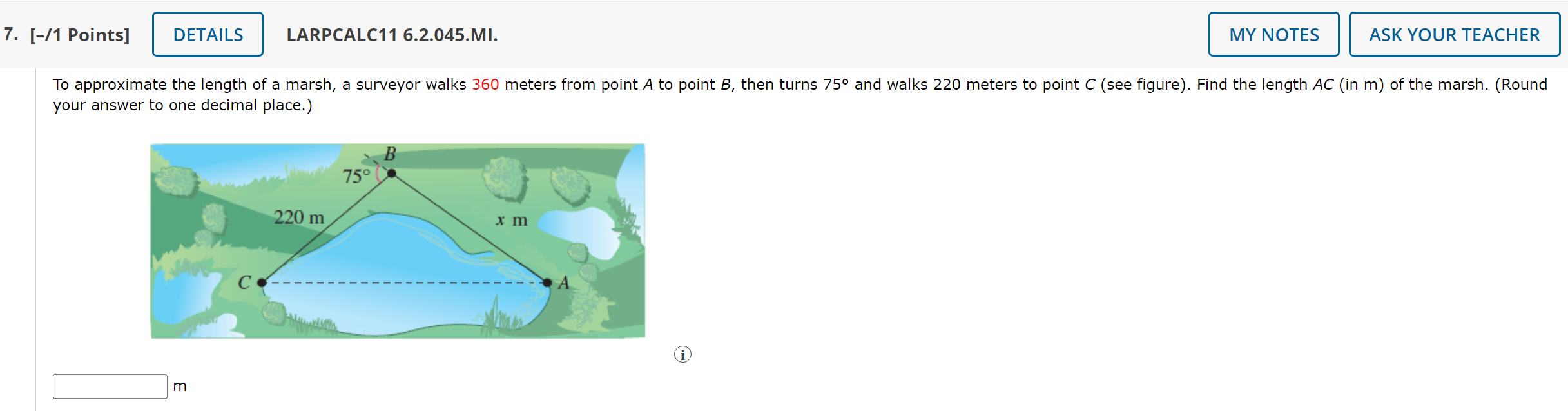 Solved LARPCALC11 6.2.045.MI. the length of a marsh, a | Chegg.com