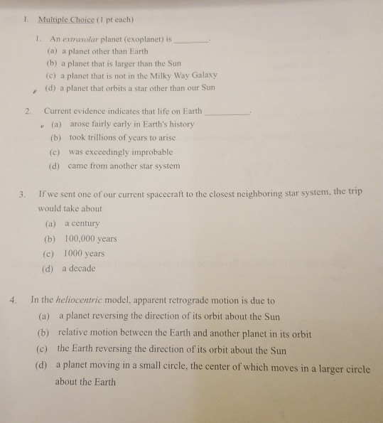 Solved I. Multiple Choice (1 pt each) 1. An extrasolar | Chegg.com