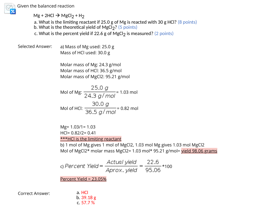 Solved % Given the balanced reaction Mg + 2HCl → MgCl2 + H2 | Chegg.com